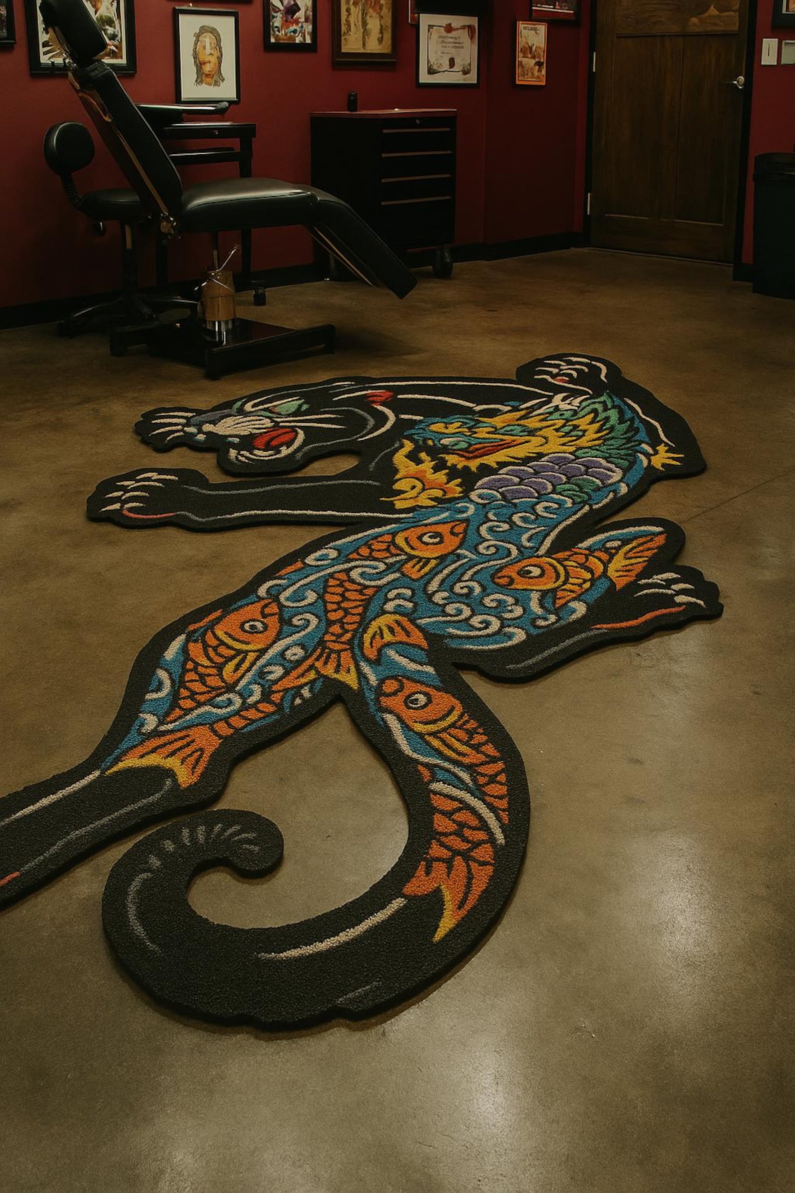 Black Tattoo Rug – Hand Tufted Panther & Dragon Rug – Custom Shaped Black Area Rug – Tattoo ...