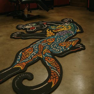 Black Tattoo Rug – Hand Tufted Panther & Dragon Rug – Custom Shaped Black Area Rug – Tattoo ...