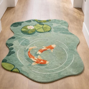 Hand Tufted Koi Fish Pond Rug, Handmade Irregular Wool Area Rug for ...