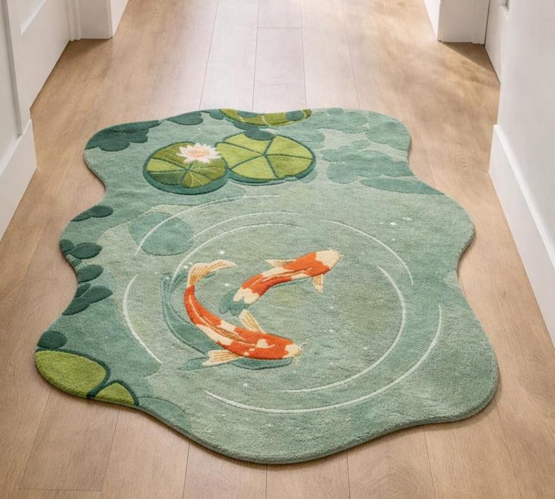 Hand Tufted Koi Fish Pond Rug, Handmade Irregular Wool Area Rug for ...