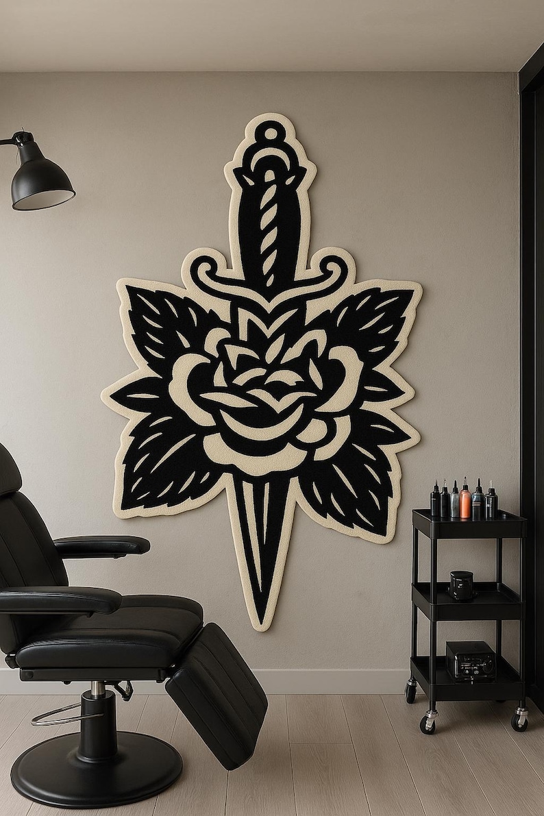 Dagger Blackwork Rose Tattoo Rug – Handmade Tufted Black and White ...