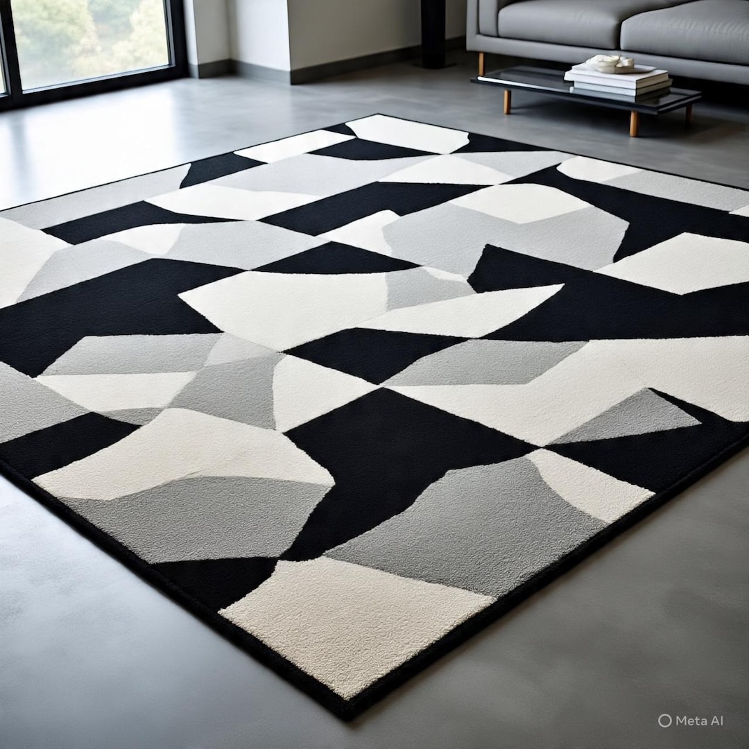 Modern Geometric Black White Grey Area Rug | Abstract Minimalist Carpet ...