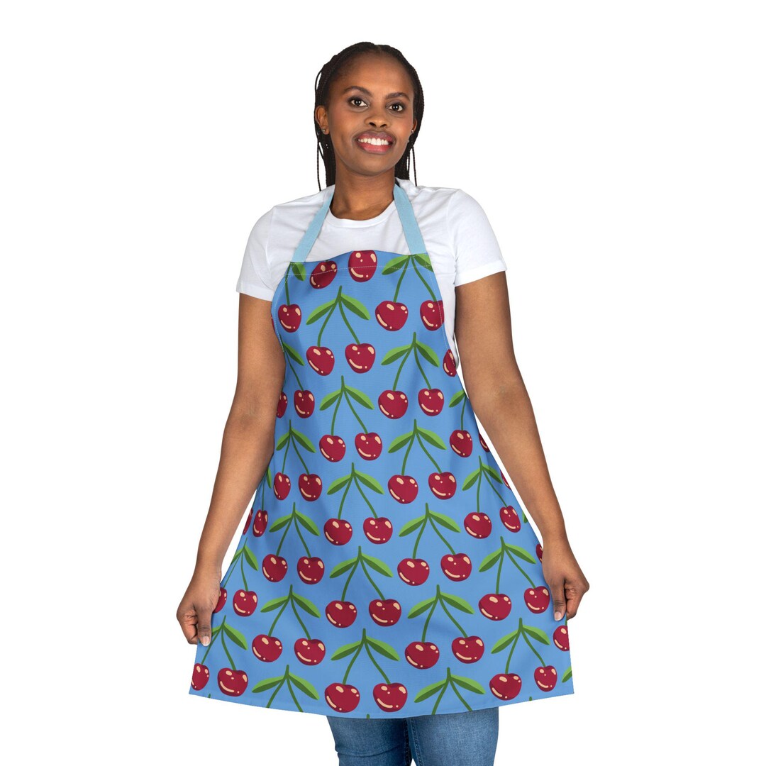 Cherry Pattern Apron | Blue Background, Red Cherries, Kitchen Cooking ...