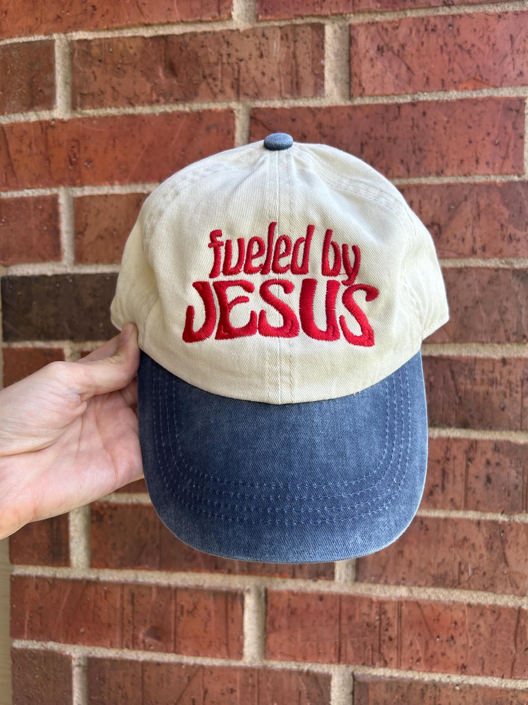 Fueled by Jesus Baseball Cap: Retro Cream & Denim Christian Dad Hat - Etsy