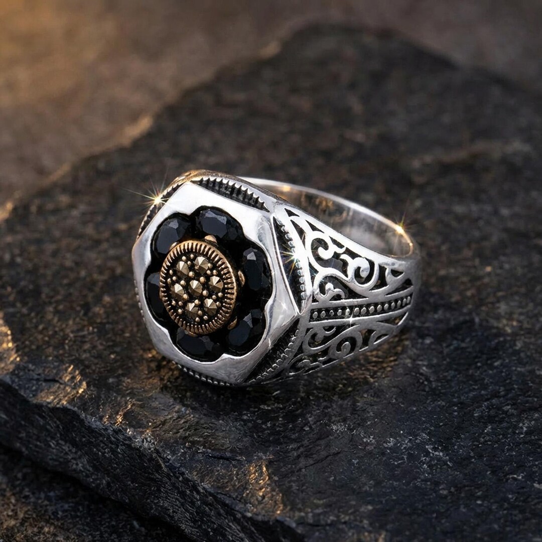Square Black Onyx Ring – Sterling Silver, Sun Motif, Masculine Design ...