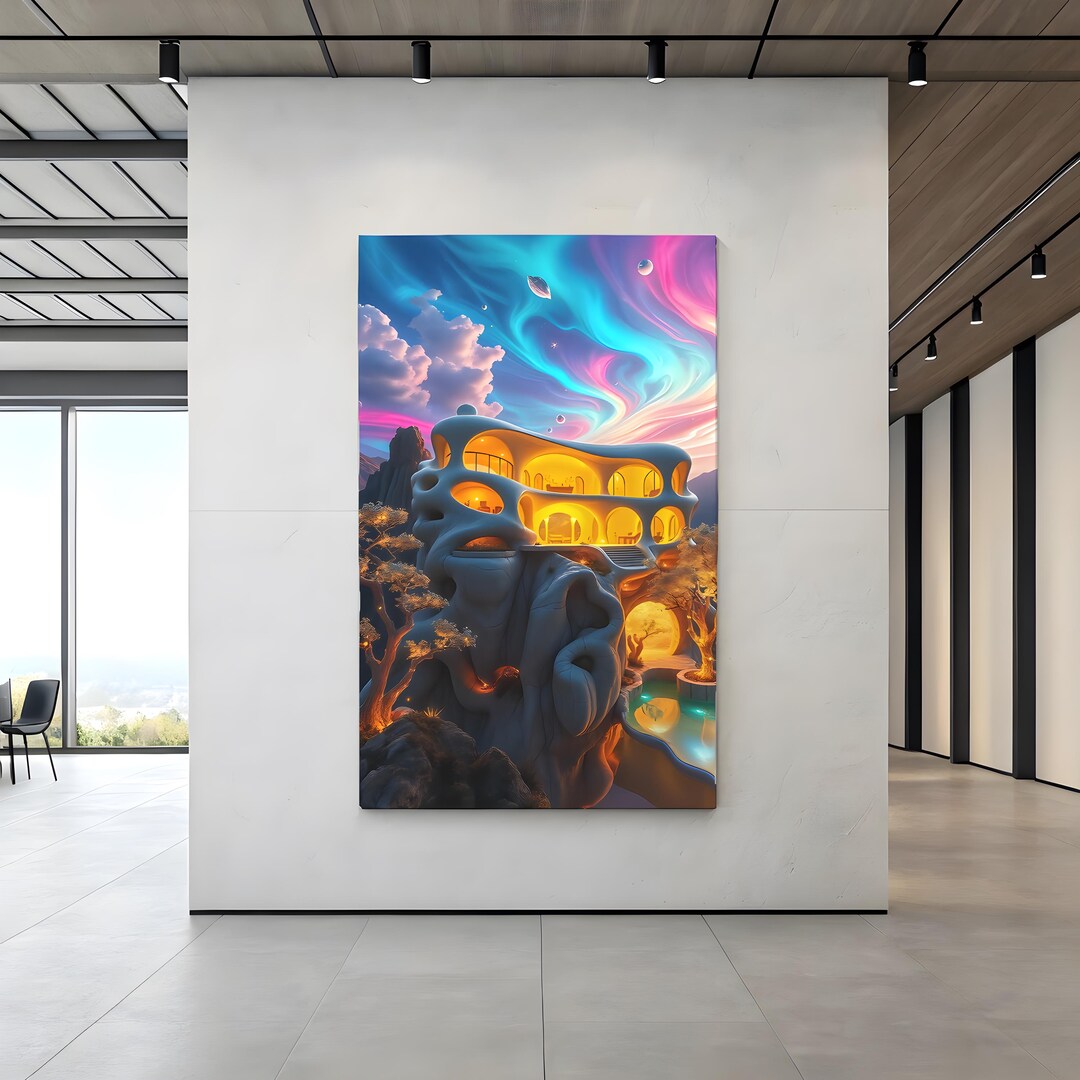 Surreal Futuristic Dreamscape Wall Art – Cosmic Cliff House Digital ...