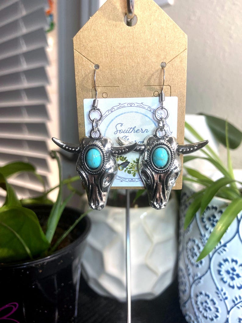 Western Faux Turquoise Bull/steer Head Earrings, Silver, Nickel Free - Etsy