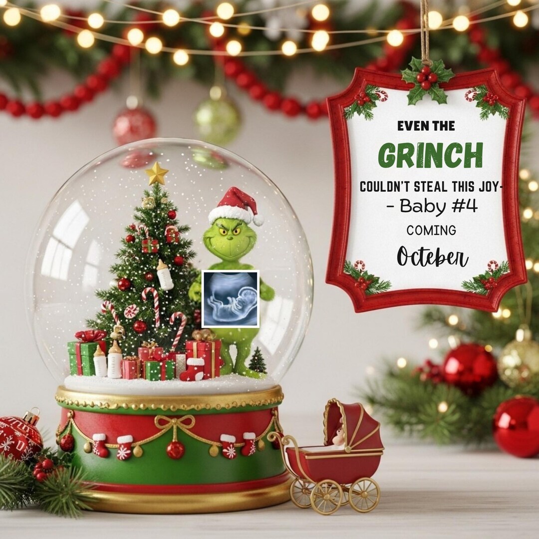 Grinch-themed Snow Globe Pregnancy Announcement Template – Editable ...