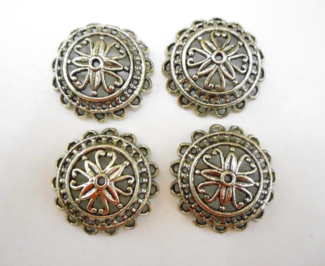 8 Extra Large Flower Bead Caps, Antique Silver Tone Metal Bead Caps ...