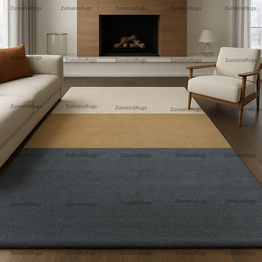 Modern Color Block Area Rug, Cream, Mustard, Charcoal - Etsy