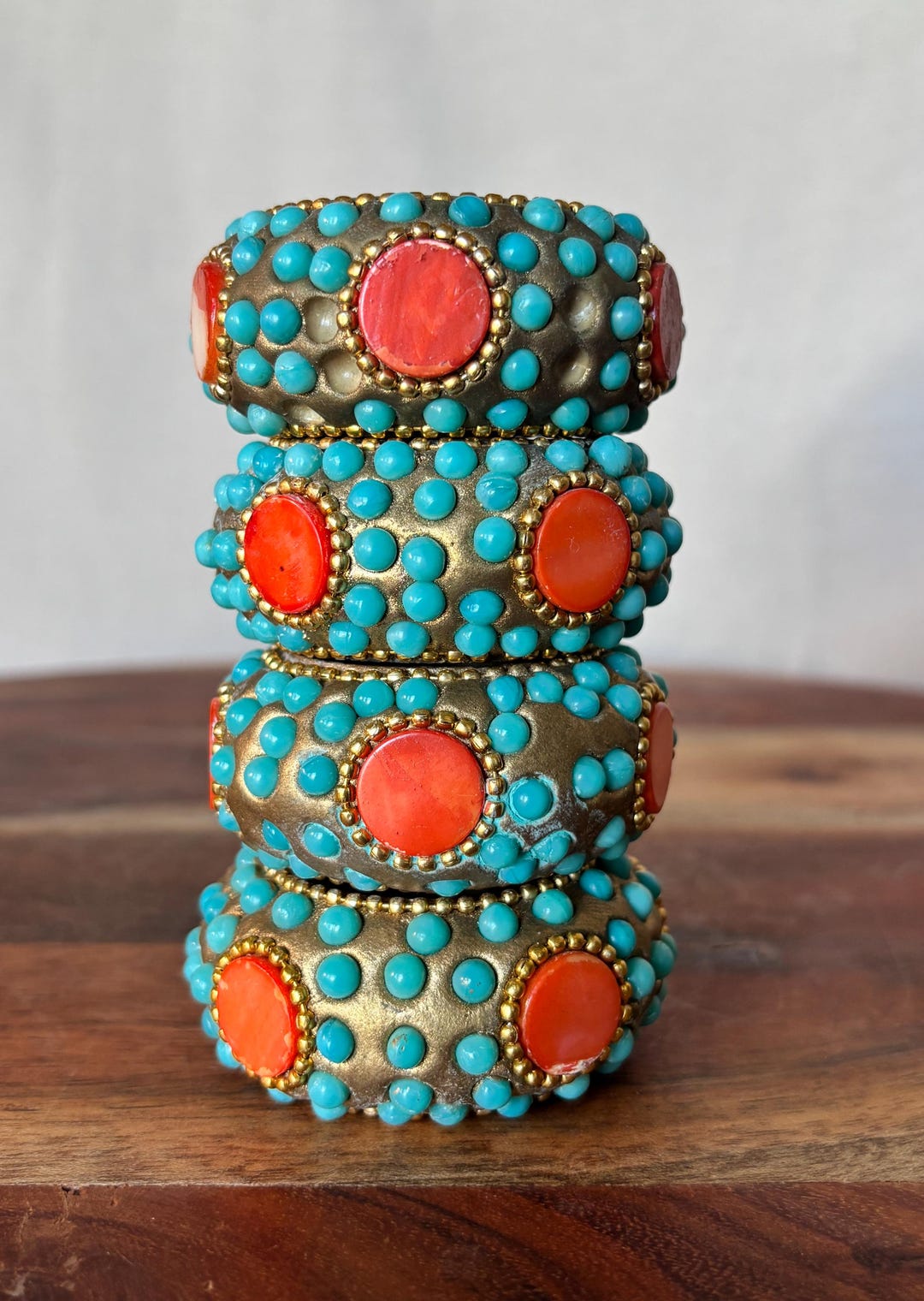 Vintage Boho Brass Napkin Rings Set of 4, Turquoise Coral Beaded ...