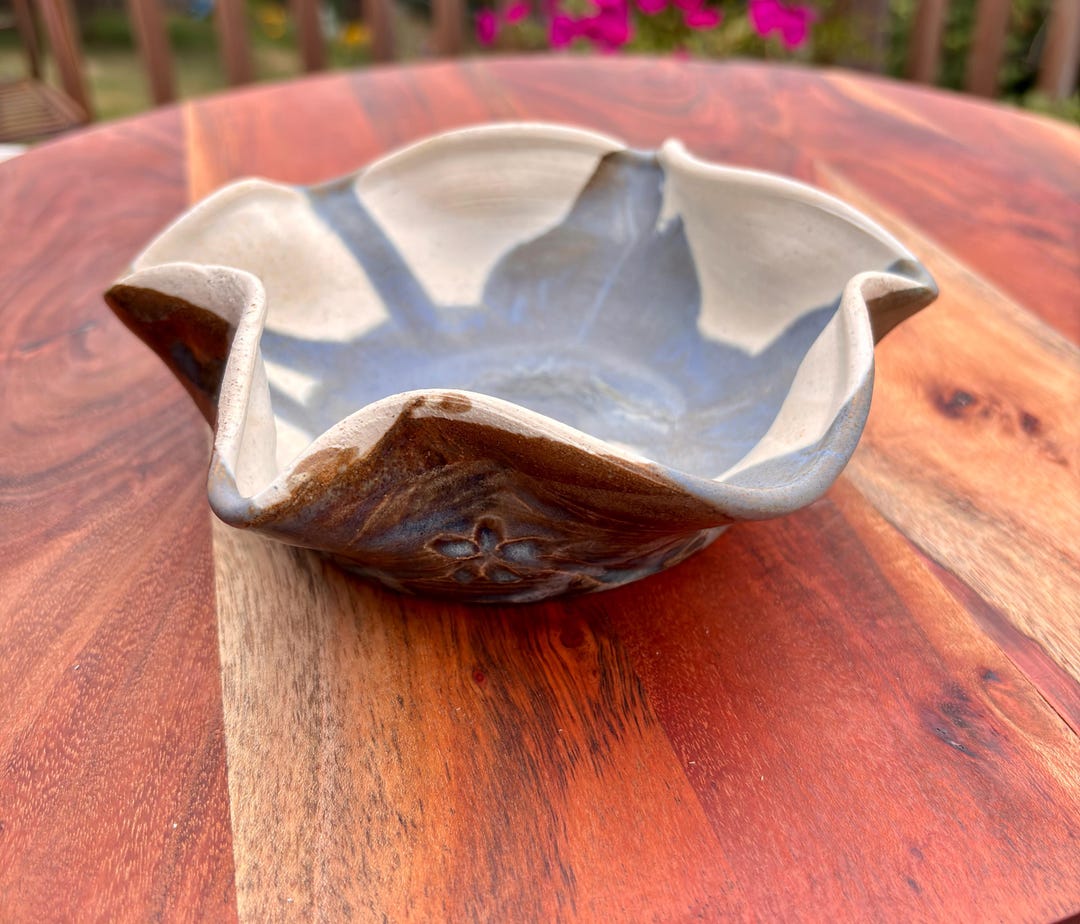 Hand Thrown Studio Pottery Bowl, Blue & Brown Glaze With Floral Imprint ...