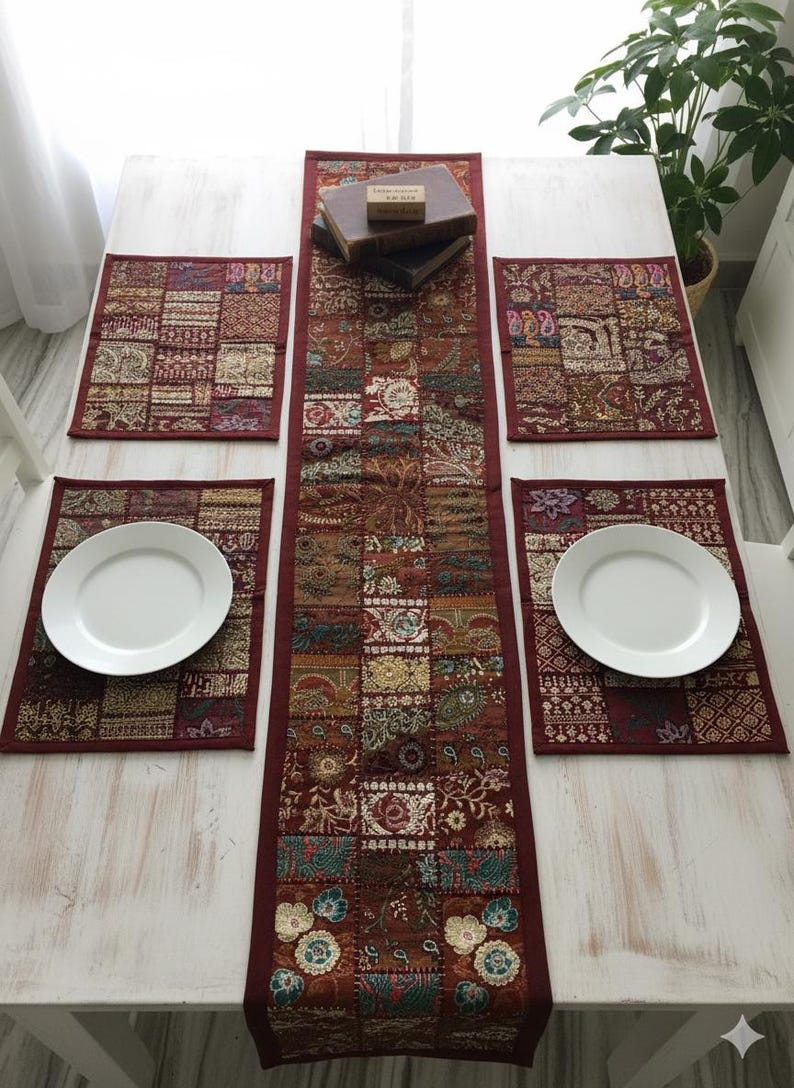 Boho Patchwork Table Runner and Mats Set (5 Pcs) | 60" Kantha Style ...