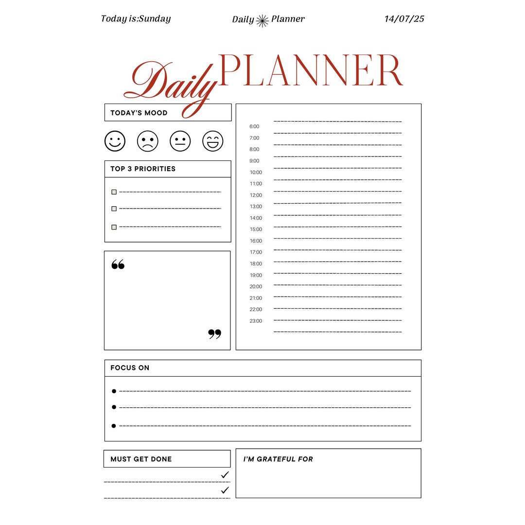Daily Planner Digital, Printable Planner, Day Planner Template, to Do ...