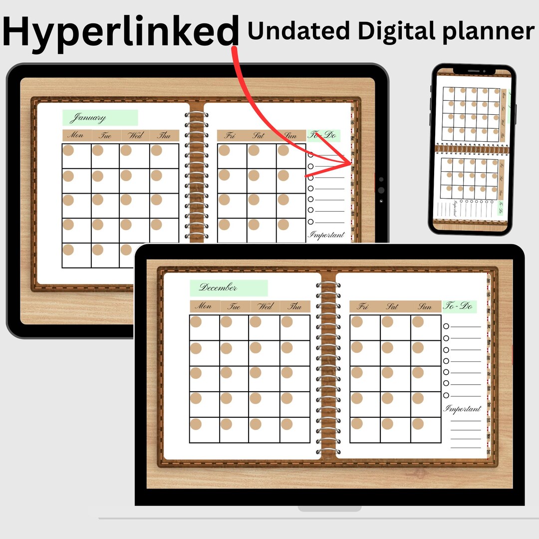 Hyperlinked Digital Planner: Undated Monthly Calendar, To-do Lists (PDF ...