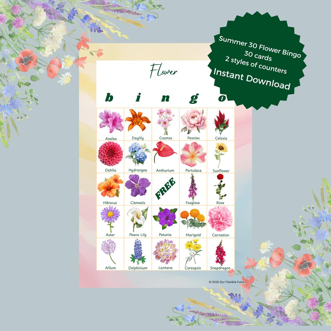 Summer Flower Bingo Cards Nature Learning Game, Printable Educational ...