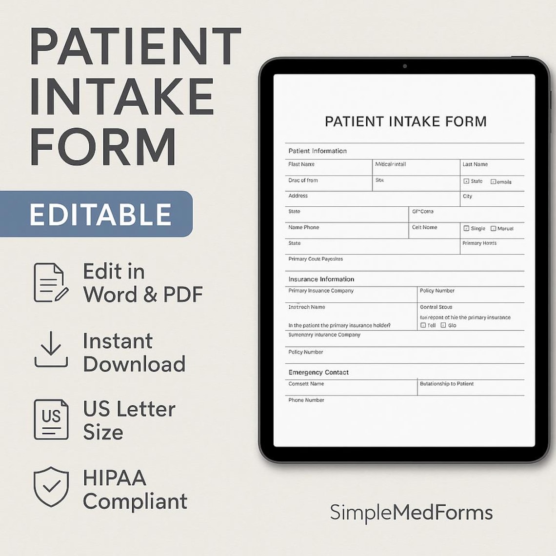 Editable Patient Intake Form | Hipaa-compliant New Patient Registration ...