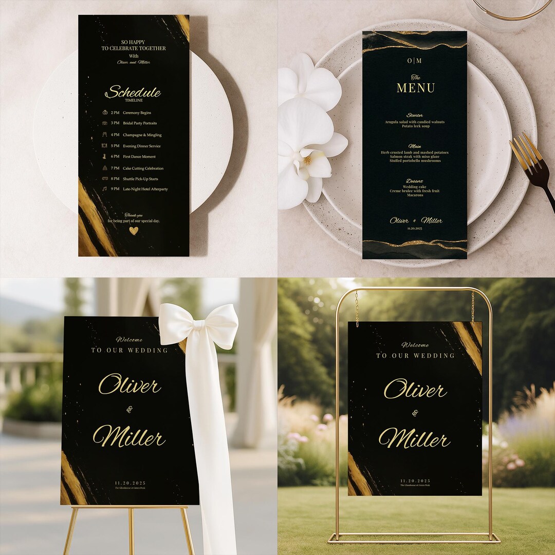 Black & Gold Reception Essentials Pack – Menu + Program + Welcome Sign ...