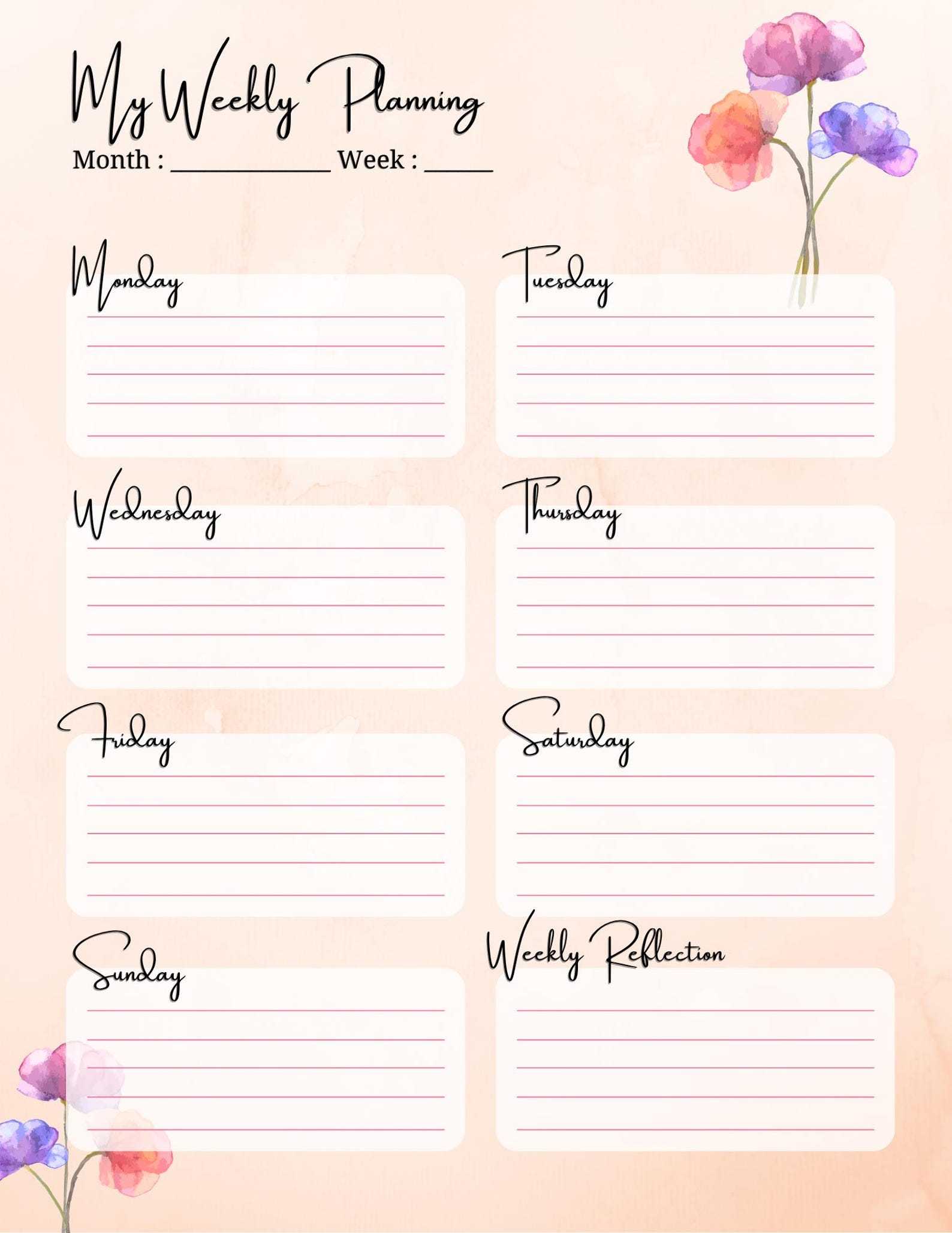 Weekly Planner Printable | Floral Watercolor Weekly Schedule | Instant ...
