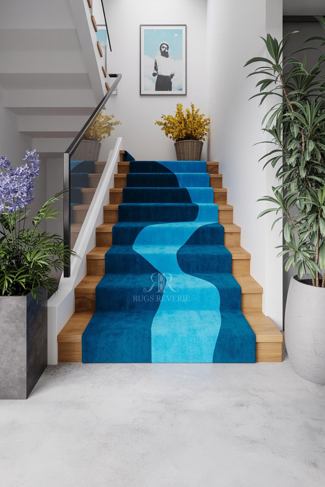 Modern Coastal Blue Wave Stair Runner – 100% Wool Hand-tufted – Ocean ...
