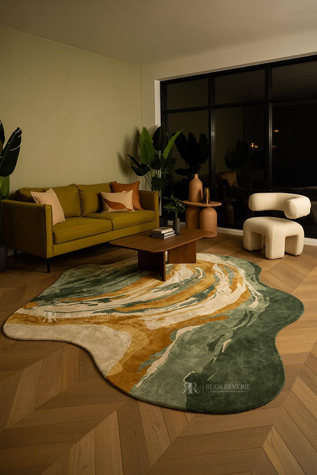 Handmade Green Beige Orange Organic Shape Rug – Hand-tufted Abstract ...