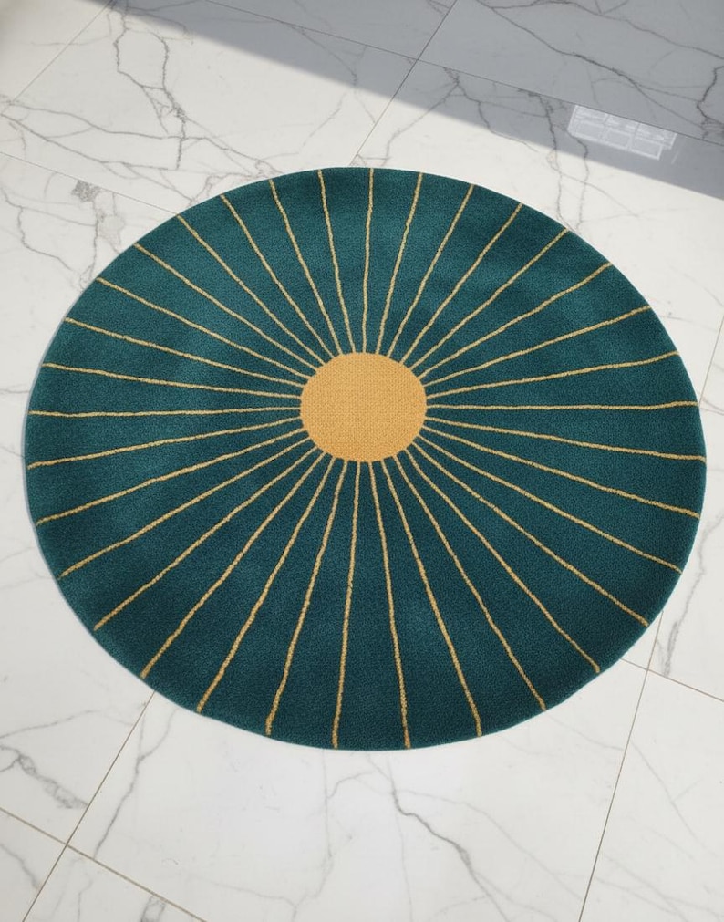 Hand-tufted Round Wool Rug Sunburst Teal Rug for Living Rooms, Bedroom ...