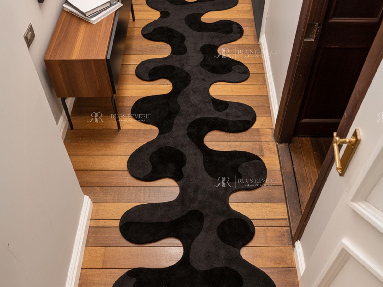 Abstract Black Wavy Runner Rug, Hand-tufted Wool, Irregular Organic ...