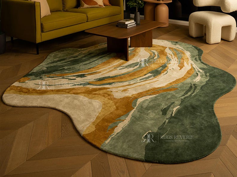 Handmade Green Beige Orange Organic Shape Rug – Hand-tufted Abstract ...