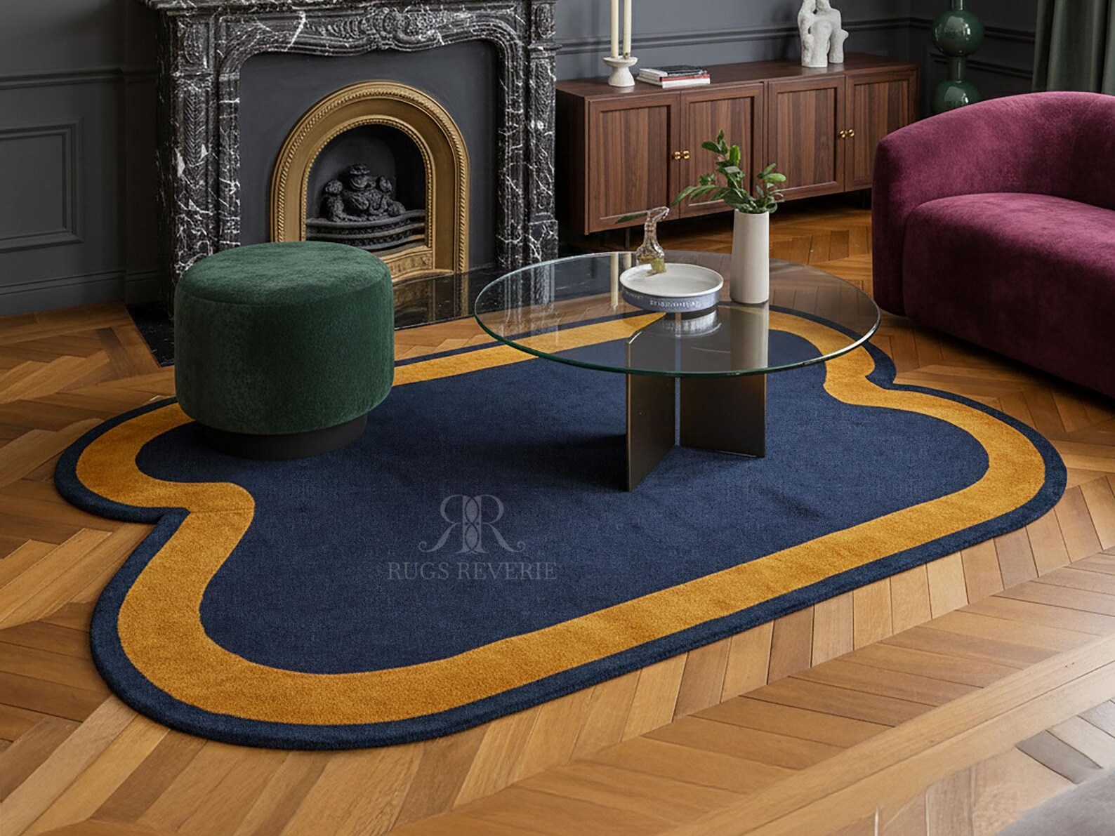 Modern Abstract Navy Blue Rug – Hand Tufted Wool Carpet – Irregular ...