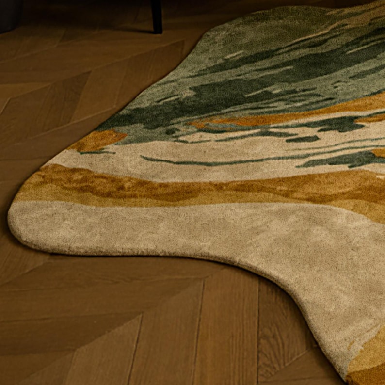 Handmade Green Beige Orange Organic Shape Rug – Hand-tufted Abstract ...
