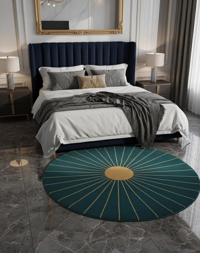 Hand-tufted Round Wool Rug Sunburst Teal Rug for Living Rooms, Bedroom ...