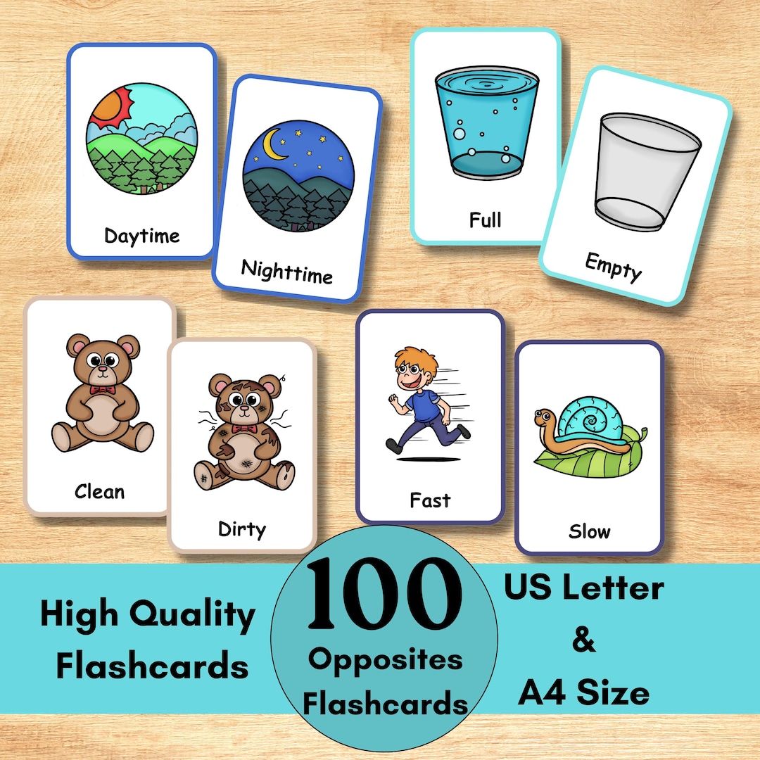 100 Opposites Flashcards, Printable High Quality Cards for Toddlers and ...