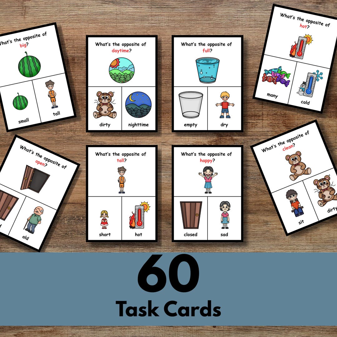 60 Opposites Task Cards for Kids, Printable Opposites Matching Cards ...