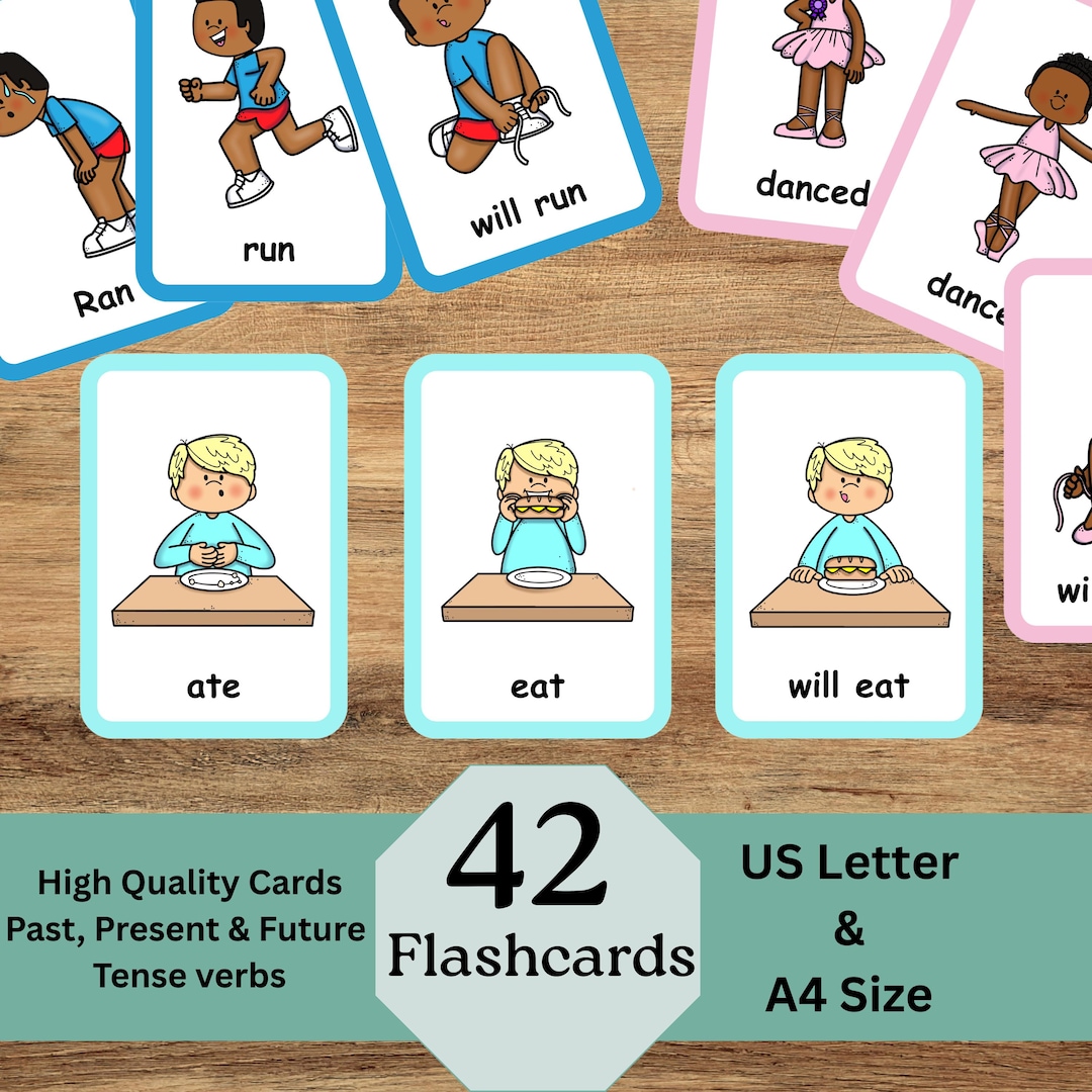 42 Verbs Tense Flashcards, Past, Present & Future Tense, Printable ...