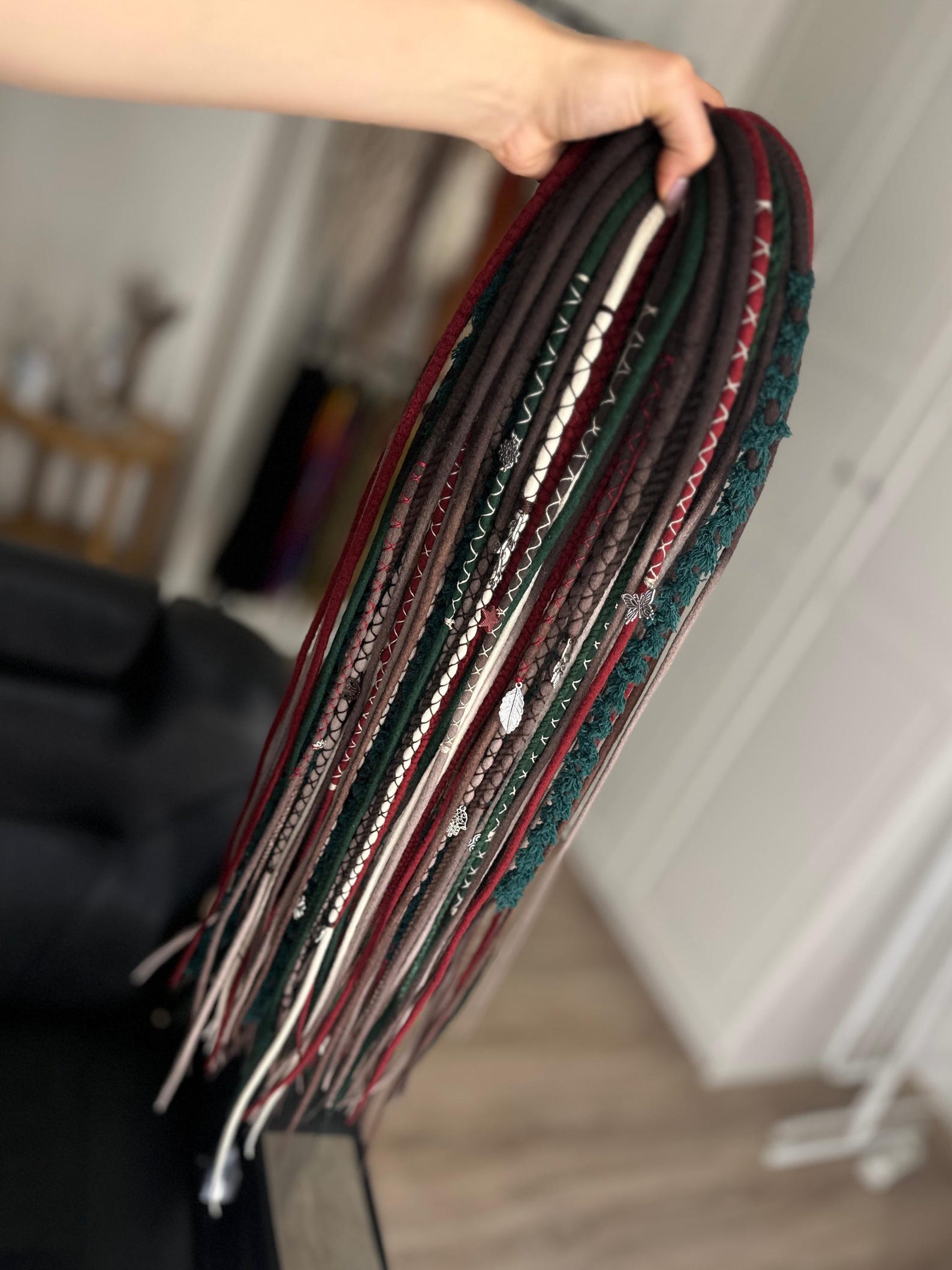Handmade Wool Dreadlock Set, Deep Brown, Red, Green, Double Sided ...