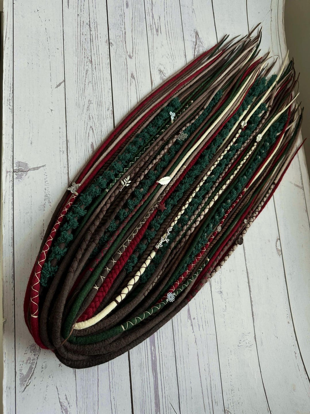 Handmade Wool Dreadlock Set, Deep Brown, Red, Green, Double Sided ...