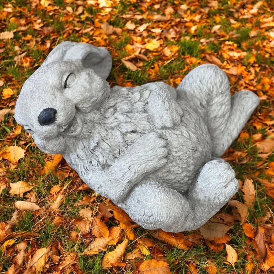 Concrete Bunny Figure Rabbit Laying on Back Garden Statue Animals Style ...