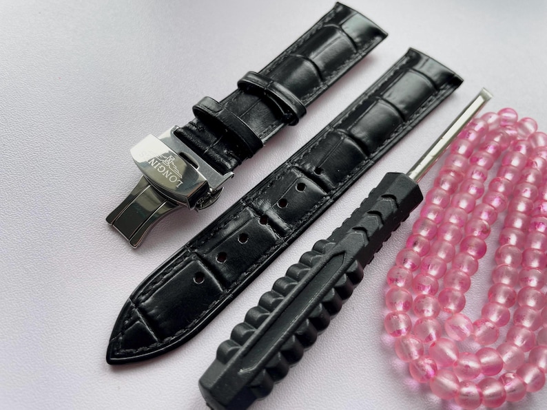 18/19/20mm Longines Black Leather Watch Strap With Stainless Steel Push ...