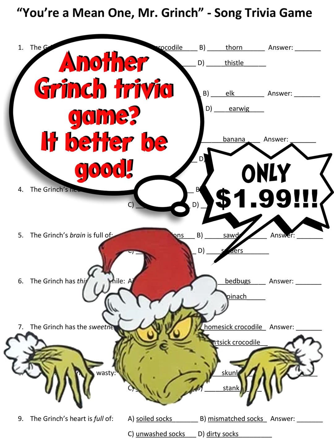 The BEST Christmas Trivia Game -grinch Themed- Multiple Choice 17 ...