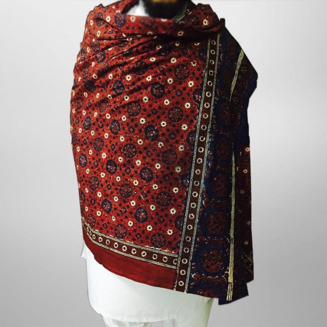 Pure Cotton Sindhi Ajrak Shawl for Men and Women Herbal Dyed Block ...