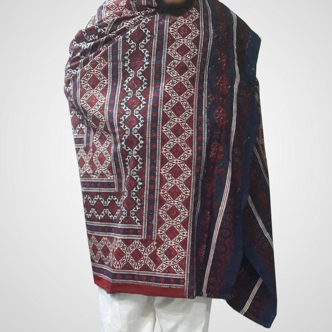 Pure Cotton Sindhi Ajrak Shawl for Men and Women Herbal Dyed Block ...