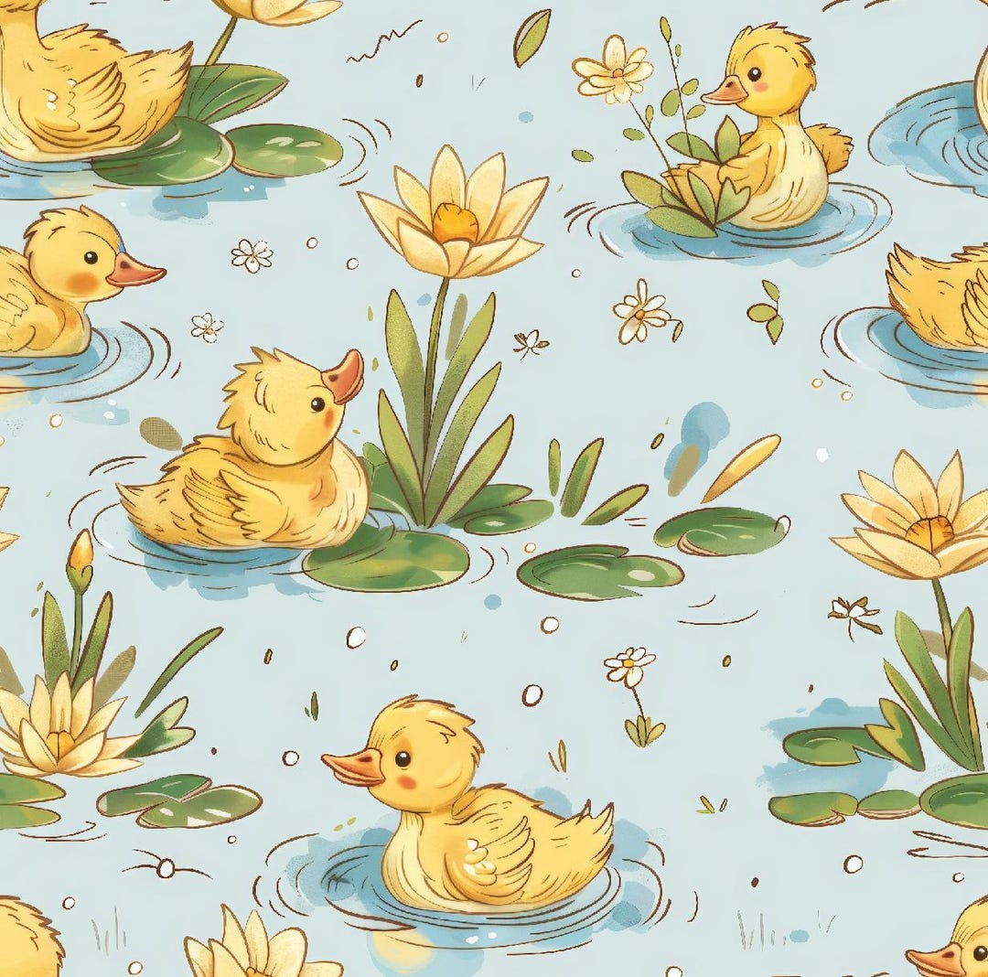 Little Yellow Duck in Pond Fabric， Mallards Fabric Cute Ducks Fabric ...