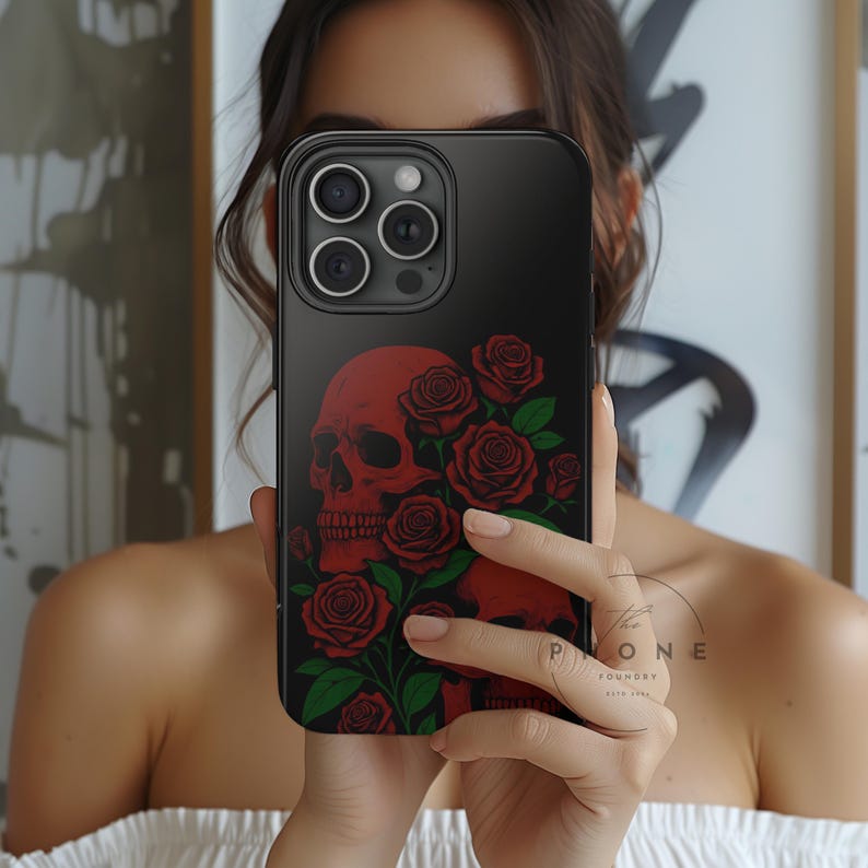 Skull and Roses Tough Phone Case, Gothic Floral, Goth Halloween Gift ...