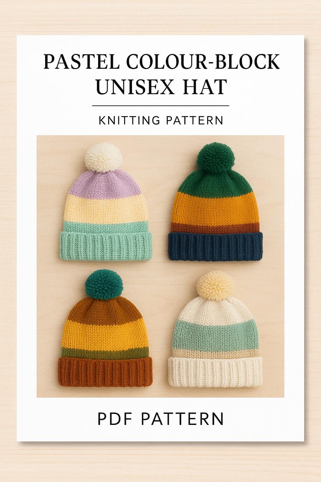 Pastel Colour-block Hat Knitting Pattern | DK Yarn Beanie With Pom-pom ...