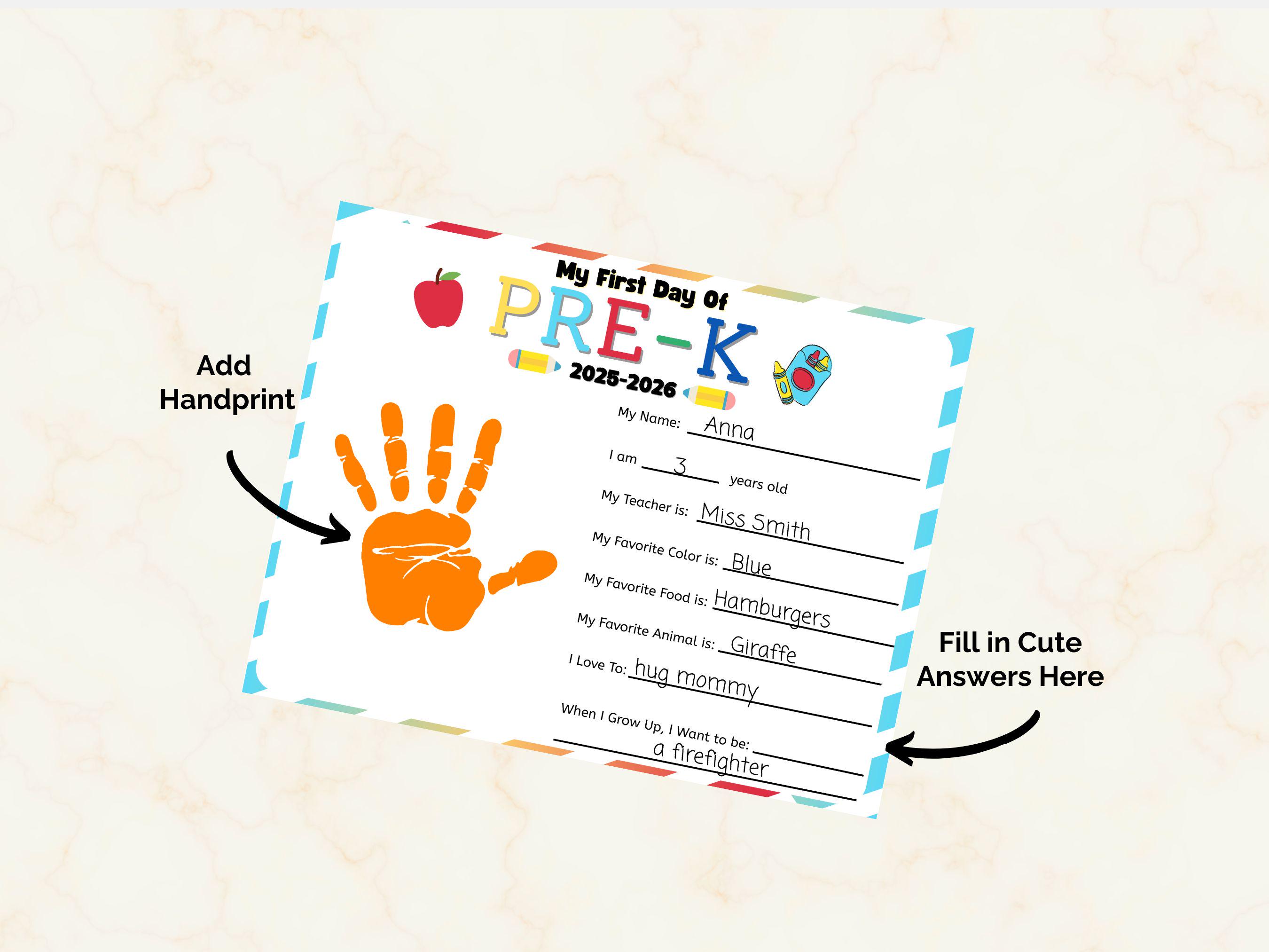 First Day of Prek Handprint Craft, Back to School Craft, Prek Handprint ...