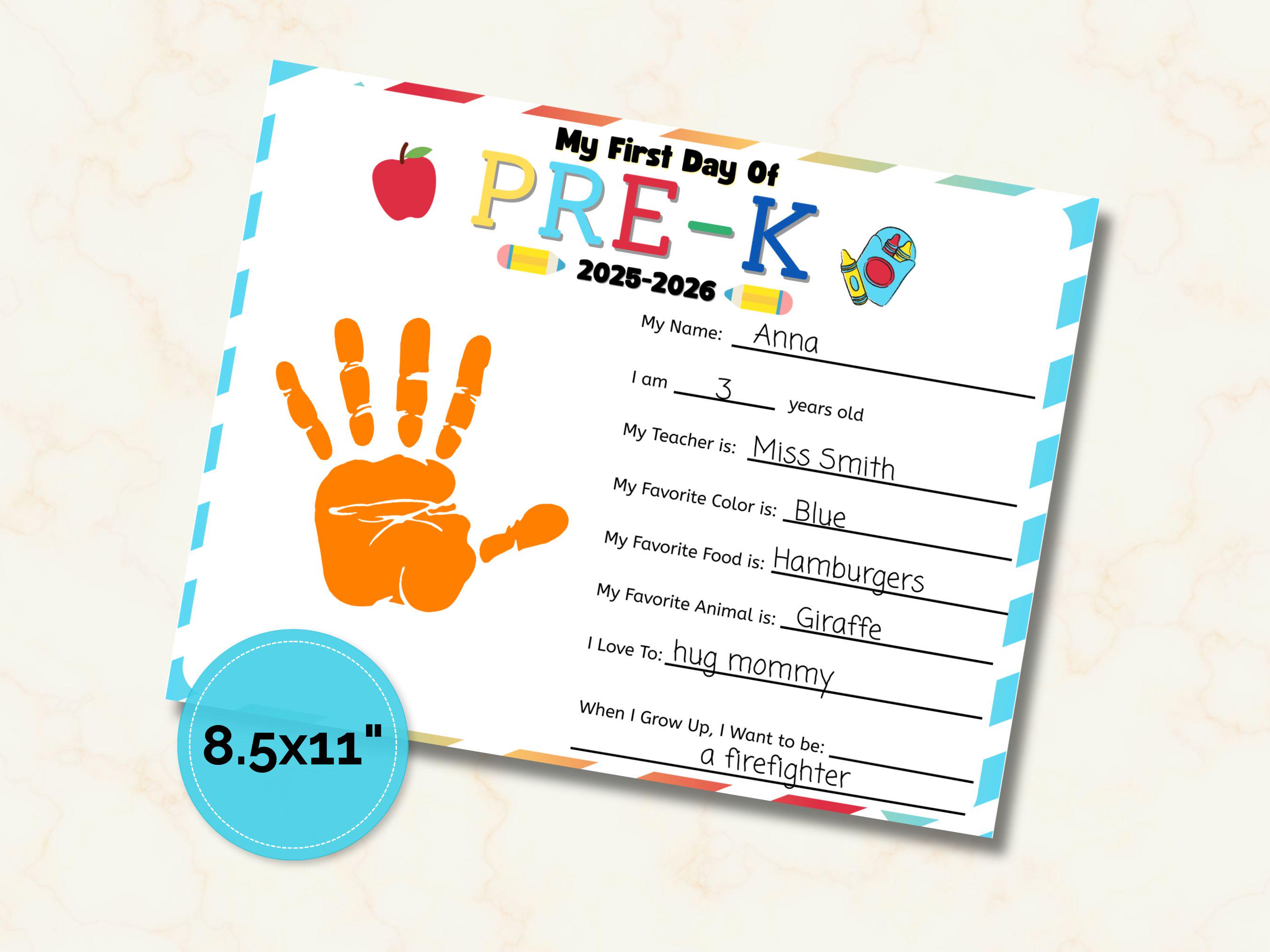 First Day of Prek Handprint Craft, Back to School Craft, Prek Handprint ...