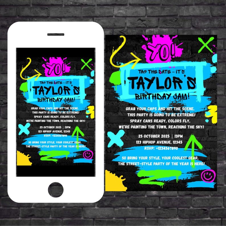Graffiti Birthday Invitation: Urban Hip Hop Party, Editable Canva ...