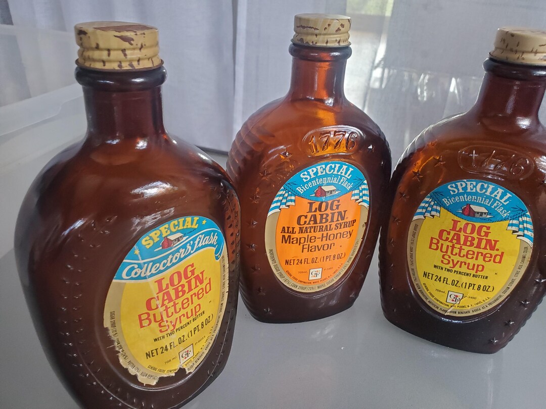 Log Cabin Glass Syrup Bottles With Faux Flask Look With Wooden Lids ...