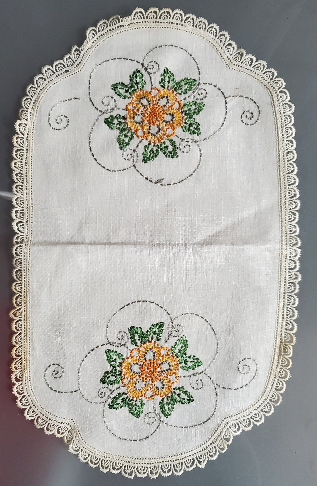 Hand Embroidered Table Linen With Orange Floral Design, Vintage Linen ...