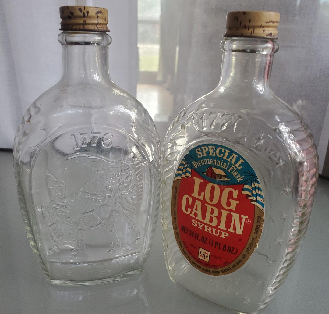 Bicentennial Log Cabin Glass Syrup Bottles With Faux Flask Look With ...